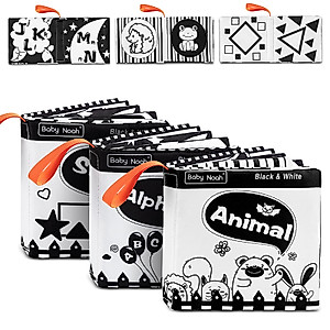 Baby First Soft Activity Cloth Book Set, High Contrast Black and White Interactive Crinkle Soft Book Bundle for Infant, Baby Early Education for Brain Development with Alphabet, Shape, Animal