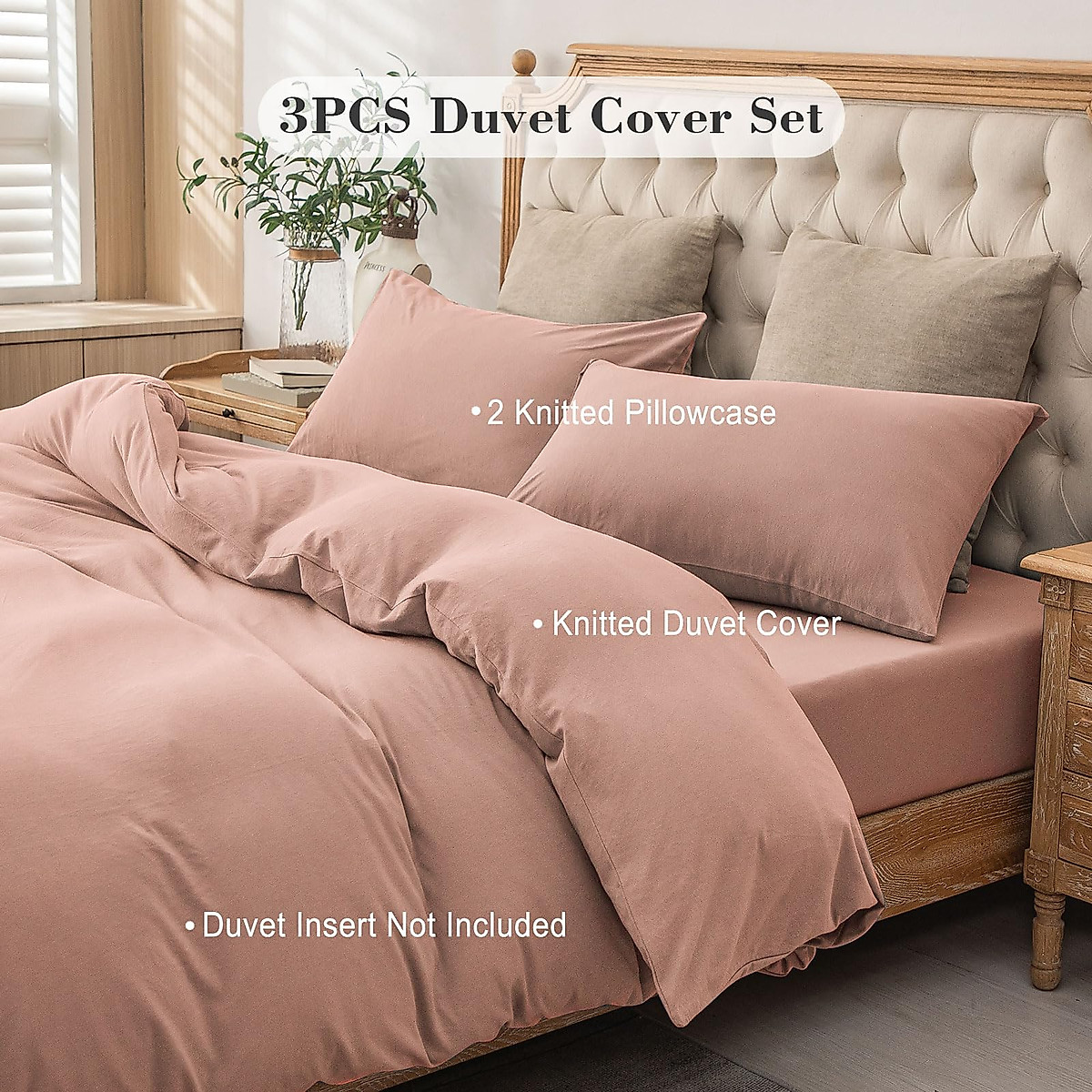 PURE ERA Jersey Knit Duvet Cover Set 100% T-Shirt Cotton Super Soft Comfy 3pc Bedding Set with Zipper Closure (New Petal Pink, King)