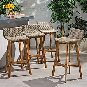 Christopher Knight Home La Brea Outdoor Acacia Wood and Wicker Barstools (Set of 4), Light Brown and Teak