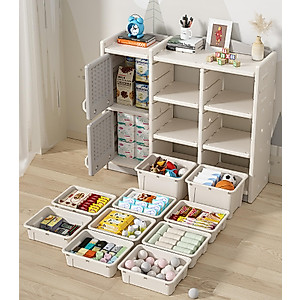 Runboll Toy Storage Organizer Bookshelf Multipurpose Toys Organization Chest with 10 Bins 2 Cabinets and 2 Shelves for School, Bedroom, Playroom or Nursery