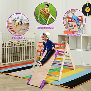 Agiyimi 4 in 1 Pikler Triangle Climber, Foldable Wooden Triangle Ladder Montessori Climbing Toys with Ramp Arch Climber Rocker Indoor Outdoor Gym Playground Climbing Toys for Toddlers(Multicolor)