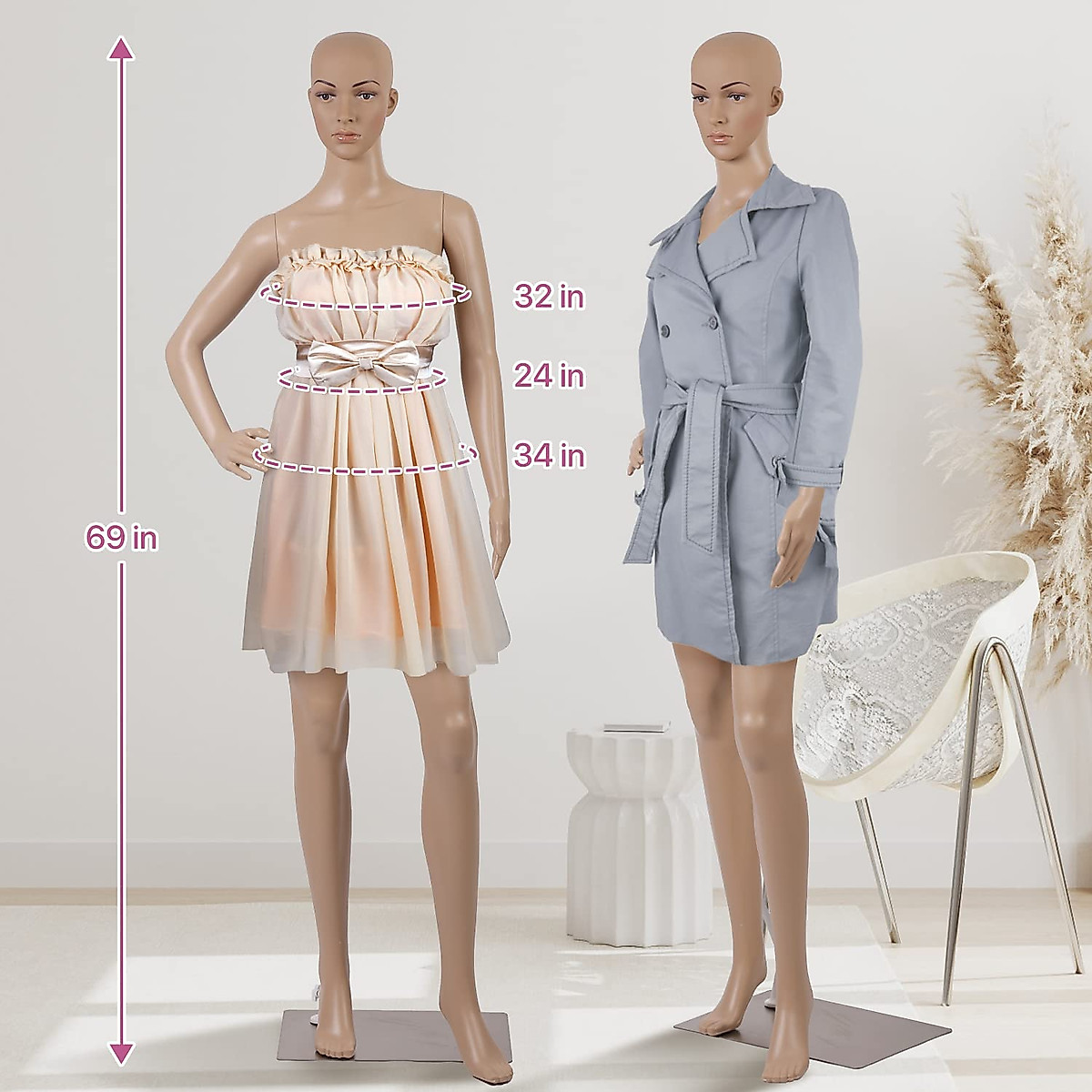 Mannequin Torso Manikin Dress Form Female Realistic Full Body Mannequin Display Head Turns with Metal Base 69" Plastic Adult Woman Adjustable Detachable Poseable Model Mannequin Stand