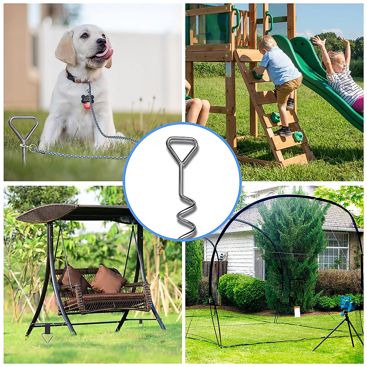 Uekars Trampoline Stakes, Corkscrew Shape Trampoline Anchor kit Steel Spiral Stakes,Heavy Duty Trampoline Parts Tie Down Kit Ground Wind Stake with Belt Straps for Trampolines Tents Swing Set of 4