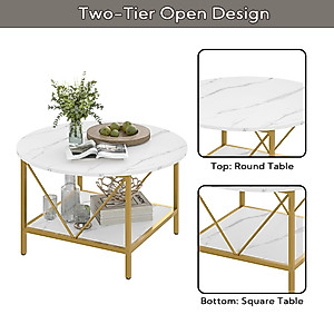 Yusong Round Coffee Table for Living Room, Farmhouse Circle Coffee Table with Storage Shelf, 2-Tier Modern Center Table with White Faux Wooden Tabletop, Gold Metal Frame
