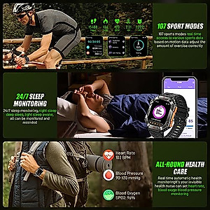 Military Smart Watch for Men(Call Receive/Dial) with 650mAh Long Battery Life, 2” Big Screen Rugged Tactical Sports Smartwatch with Compass Barometer Heart Rate Sleep Tracker for Android iOS Black