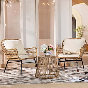 NICESOUL® 3 Pcs Boho Outdoor Small Patio Furniture Chair Set with Beige Cushion and Round Glass Table Side Table Natural Color Wicker Conversation Chair Set Bistro Set for Garden Balcony Deck Porch