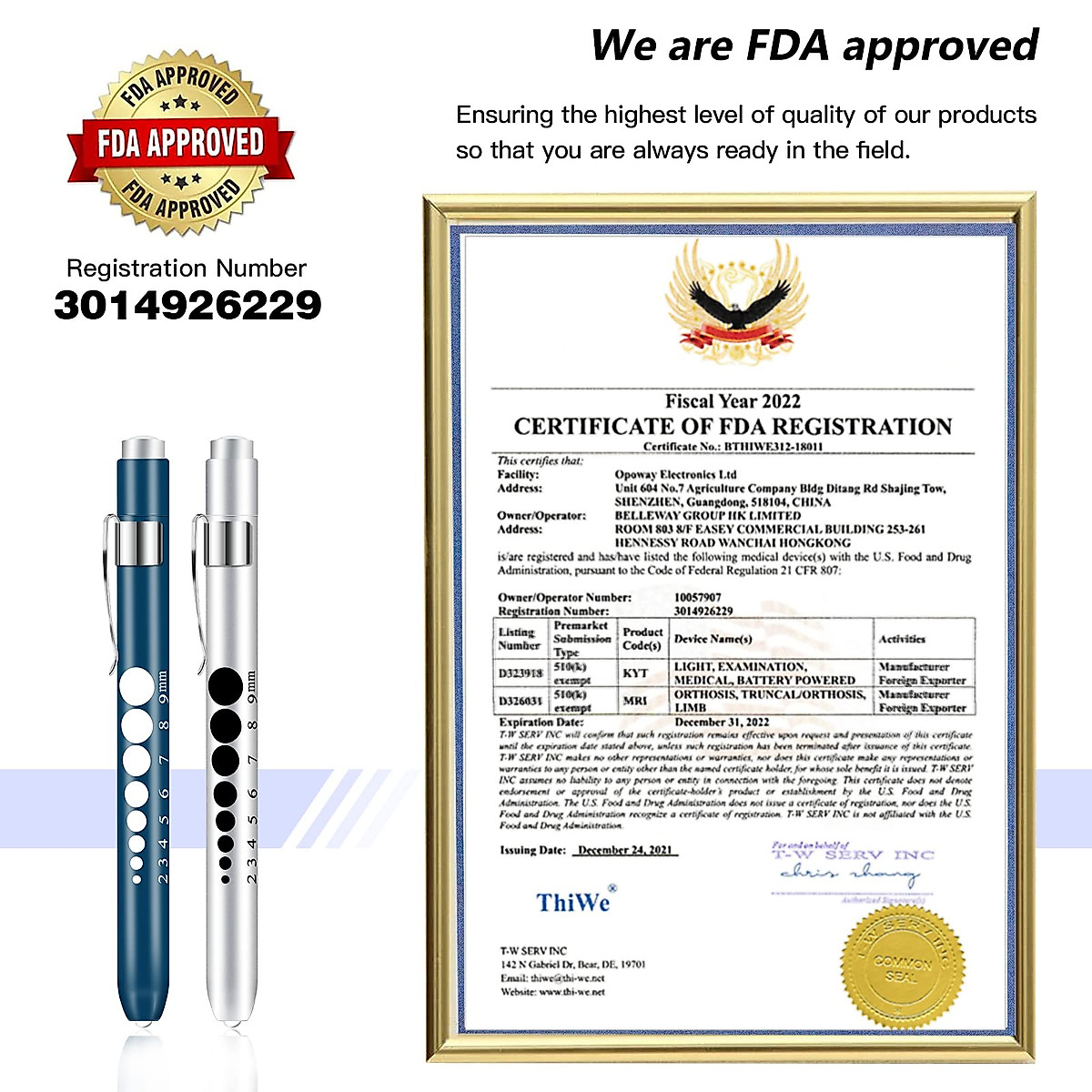 Opoway Nurse Penlight with Pupil Gauge LED Medical Pen Light for Nurses Doctors with Batteries Included 2ct, Silver and Blue