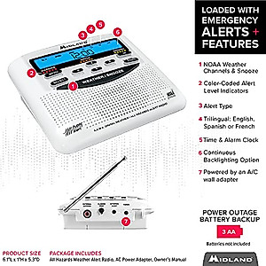 Midland - WR120B/WR120EZ - NOAA Emergency Weather Alert Radio - S.A.M.E. Localized Programming, Trilingual Display, 60+ Emergency Alerts, & Alarm Clock (WR120B - Box Packaging)