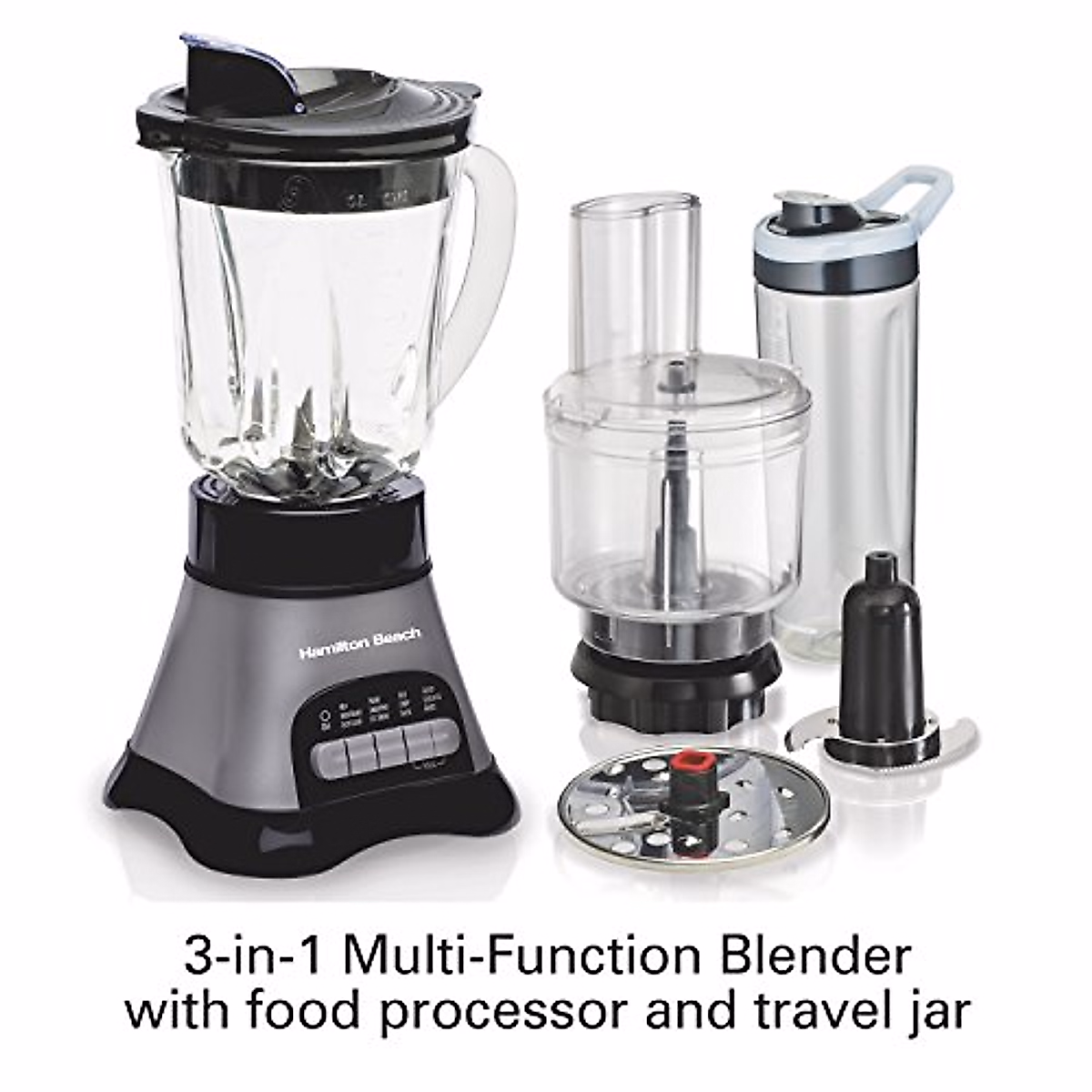 Hamilton Beach Blender and Food Processor Combo, Portable Blend-In Travel Cup, Shakes and Smoothies, 40oz Jar & 3-Cup Vegetable Chopper, Grey & Black (58163)