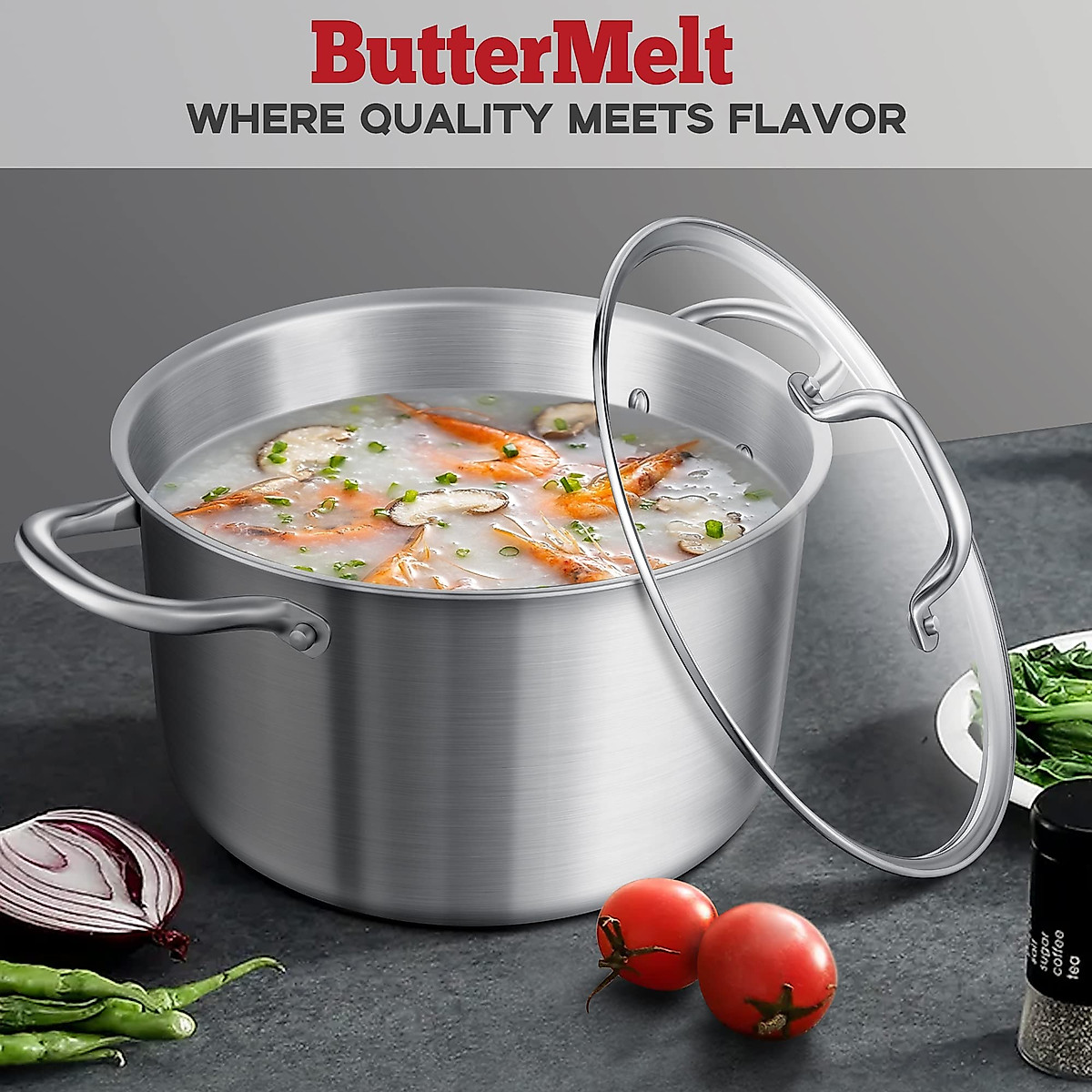Buttermelt 8 Quart Tri-Ply Stainless Steel Stockpot with Tempered Glass Lid - Exceptional Heat Distribution for Delicious Soups, Stews, and More (8 QT, Glass Lid)