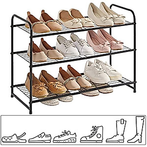 YMYNY Freestanding Shoe Racks, 3 Tiers Stackable & Adjustable Shoe Storage Shelf, Metal Wire Grid Shoe Organizer for 12-16 Pairs, for Entryway, Closet, Bedroom, Black, 26.8" L, UHXJ301B