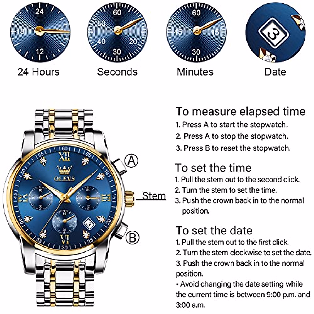 OLEVS Blue Quartz Watches for Men Big Dial Analog Chronograph Watch Easy Read Roman Numeral Mens Silver Gold Stainless Steel Strap Watches with Date Water Resistant Luminous Hands Diamond Watch Men