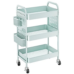 Rolling Utility 3 Tier Organizer Cart with Wheels - Metal Craft Storage Cart with DIY Dual Pegboards, Removable Baskets Hooks for Office, Home, Kitchen, Classroom (Green)
