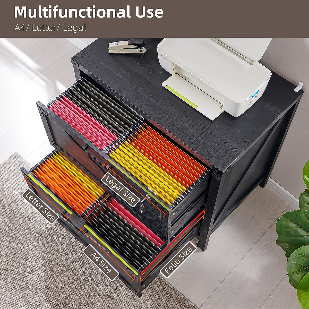 JXQTLINGMU 2 Drawer Farmhouse File Cabinet, Lateral Filing Cabinet with Lock for Home Office, Compatible Legal Letter A4 F4 Size, Black