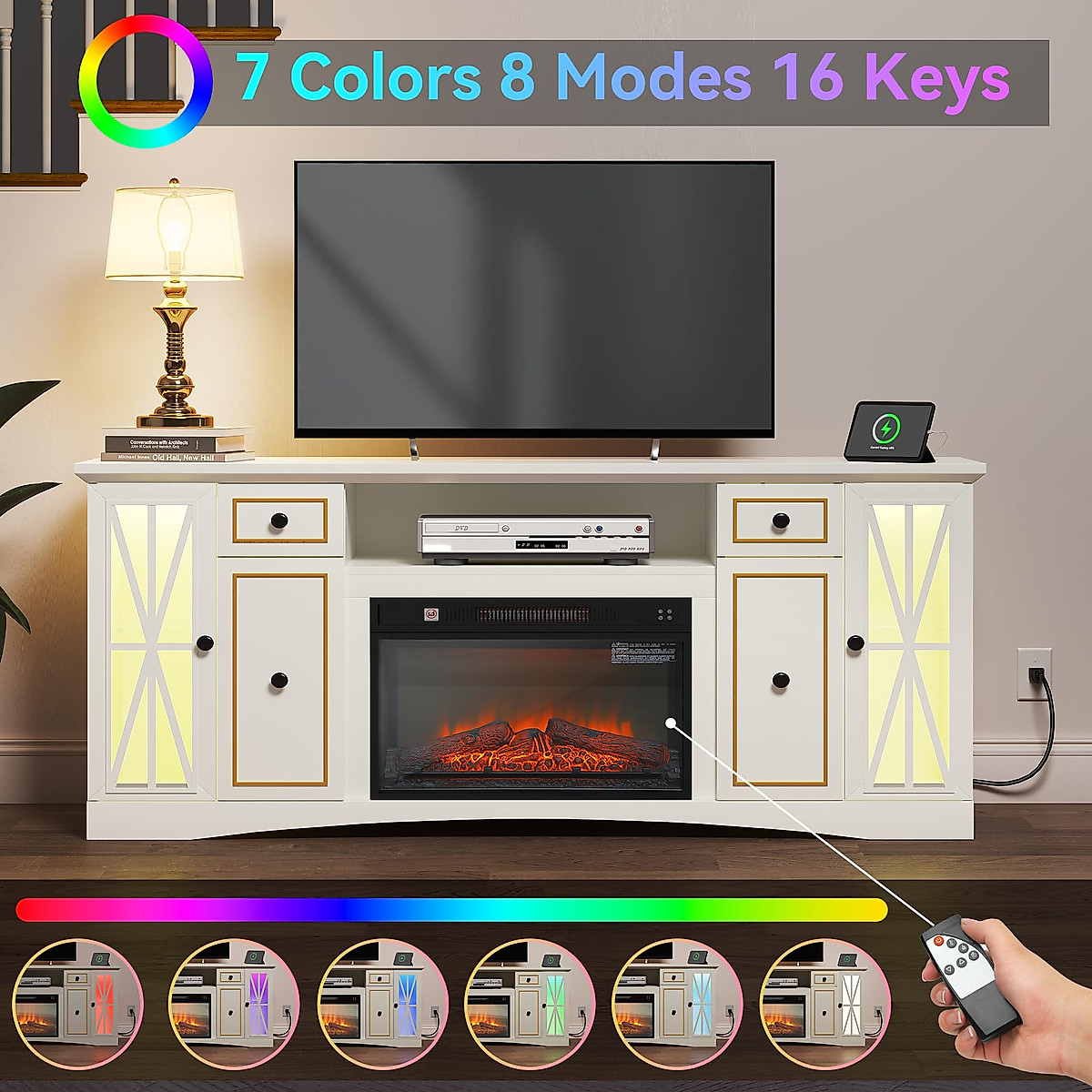 YITAHOME 70" Fireplace TV Stand for up to 80 Inch TVs, Entertainment Center with 23 Inch Electric Fireplace, LED TV Stand with Storage for Living Room (White)