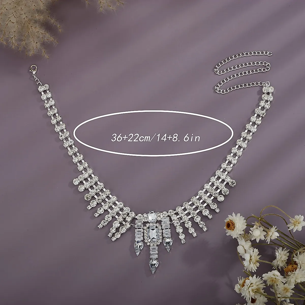 YERTTER Dainty Silver Full Rhinestone Chain Sparkly Collar Chain Choker Statement Tassel Crystal Choker Necklace Adjustable for Party Music Bar Women （Silver 4）