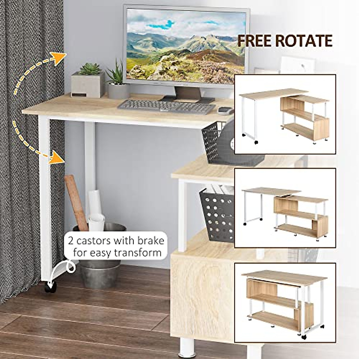 HOMCOM Mobile L-Shaped Rotating Computer Desk with Storage Shelves Moveable Rolling Writing Table Home Office Study Workstation for Home Office, Oak