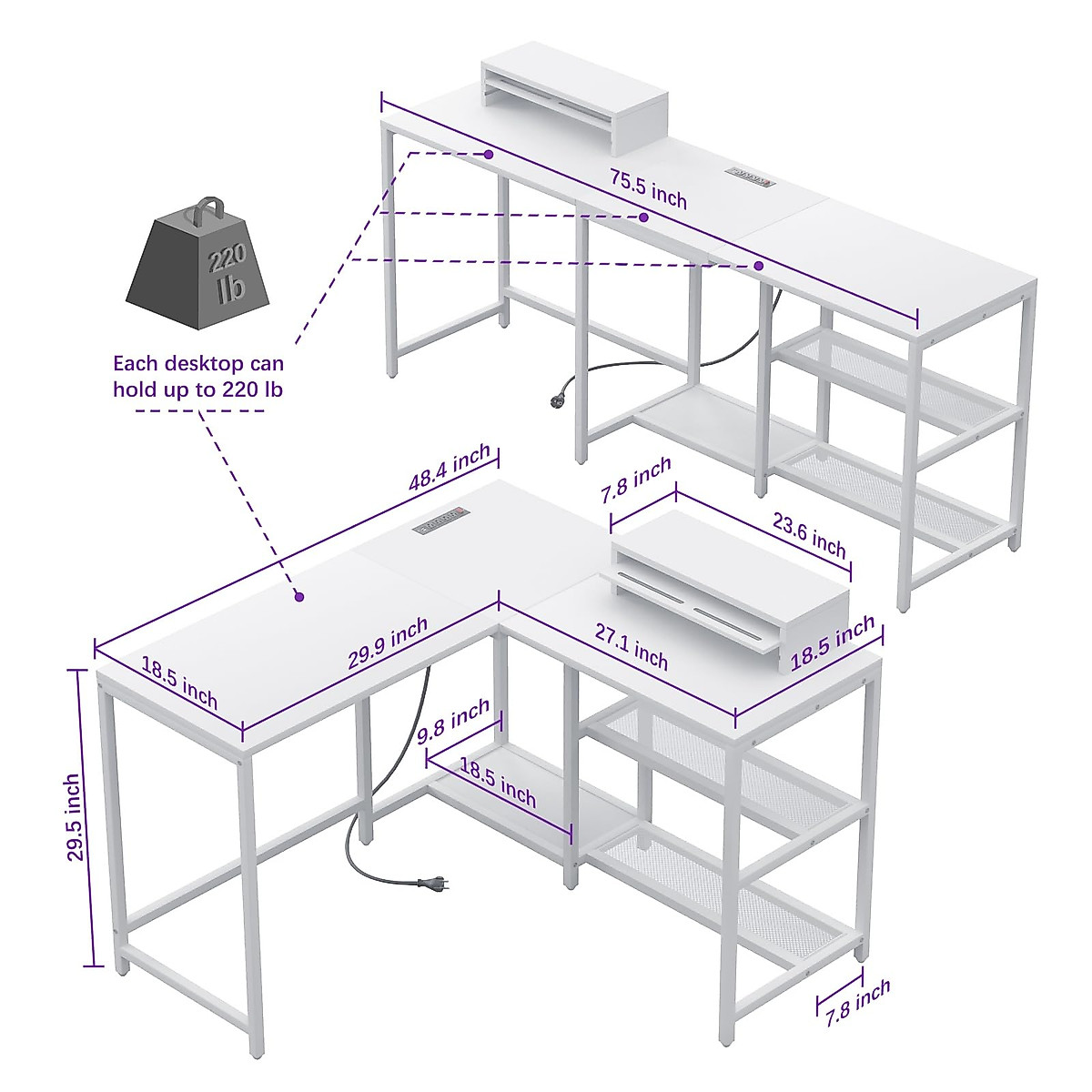VEELOK L Shaped Desk with Power Outlets, Wood Computer Desk with Monitor Stand and Storage Shelves, Gaming Desk, Office Desk, Study Desk, Corner Desk Work Desk for Home Office, White
