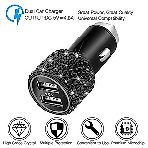 Otostar Dual USB Car Charger, 4.8A Output, Bling Crystal Diamond Car Decorations Accessories Fast Charging Adapter for iPhones Android iOS, Samsung Galaxy, LG, Nexus, HTC (Black)