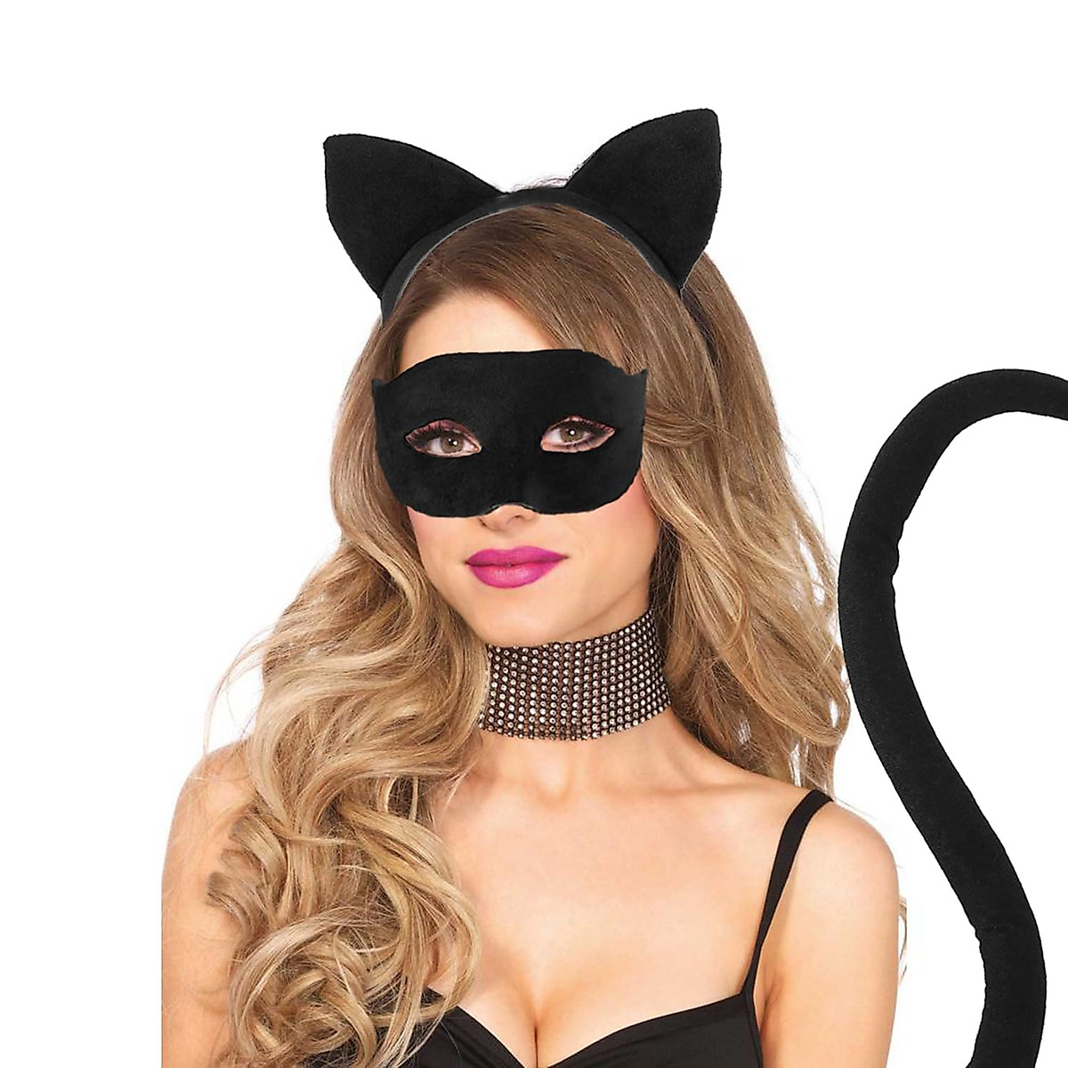 Halloween Black Cat Costume Set for Women, Cat Ear Headband Tail with Black Cat Mask Masquerade Halloween Cat Costume Accessory