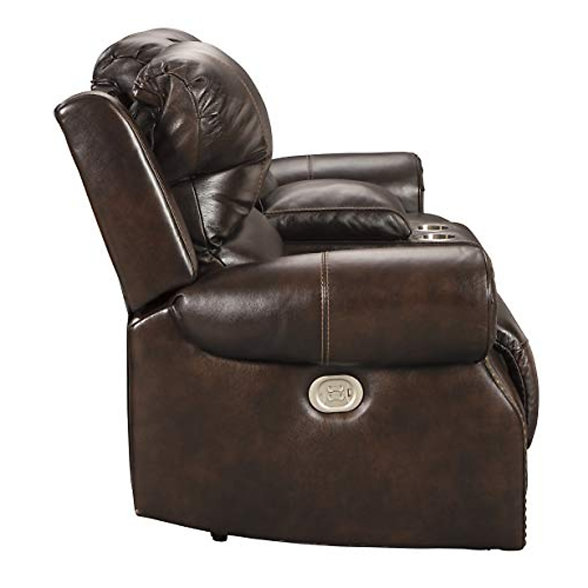 Signature Design by Ashley Buncrana Traditional Dual Sided Power Reclining Loveseat with Nailhead Trim, Center Storage Console and USB Port, Brown