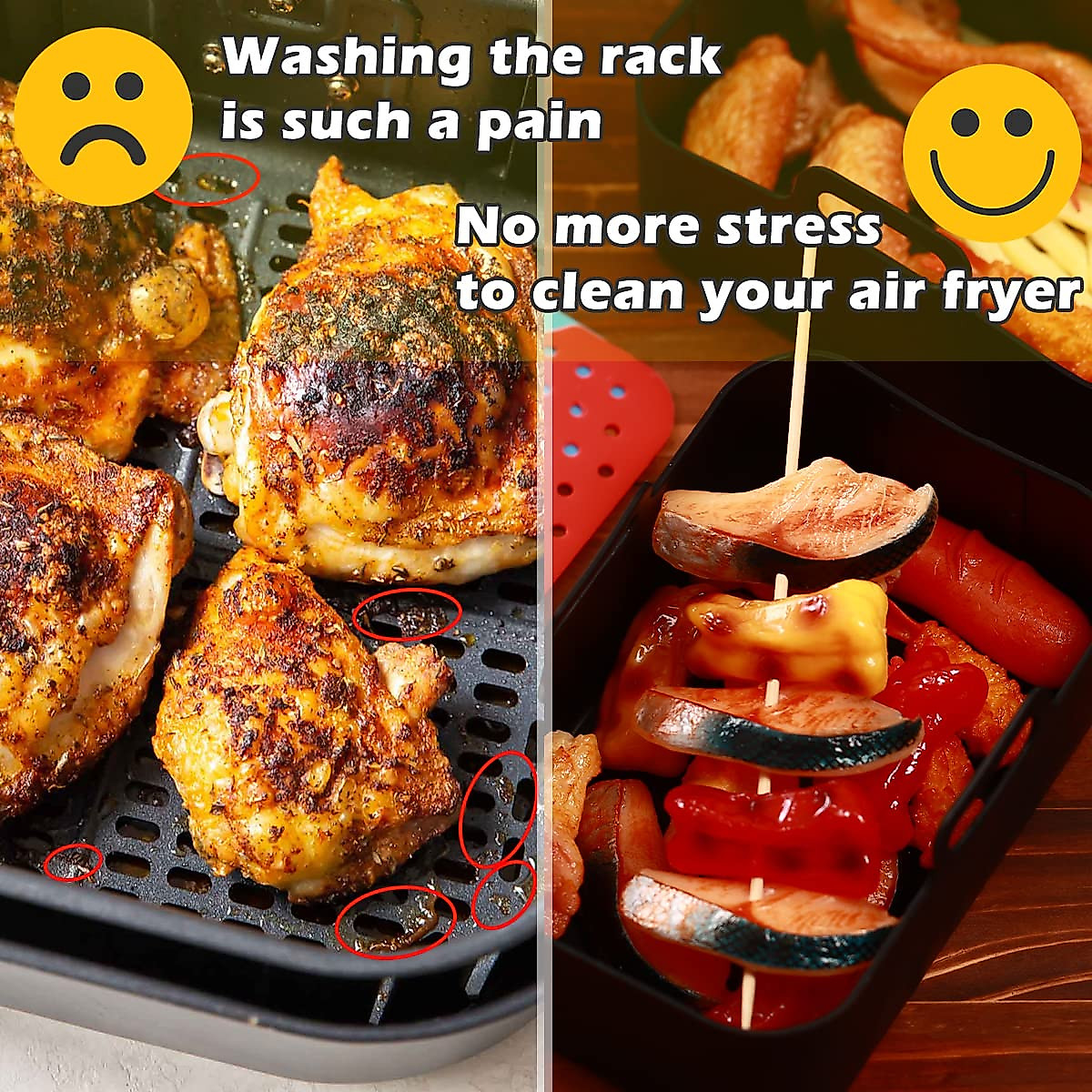 2 Pack Air Fryer Liners Silicone Pot for Ninja Foodi Dual DZ201 8QT / DZ090 6QT Air Fryer Accessories Reusable Air Fryer Silicone Liners Rectangle Air Fryer Basket for Oven Microwave, Black