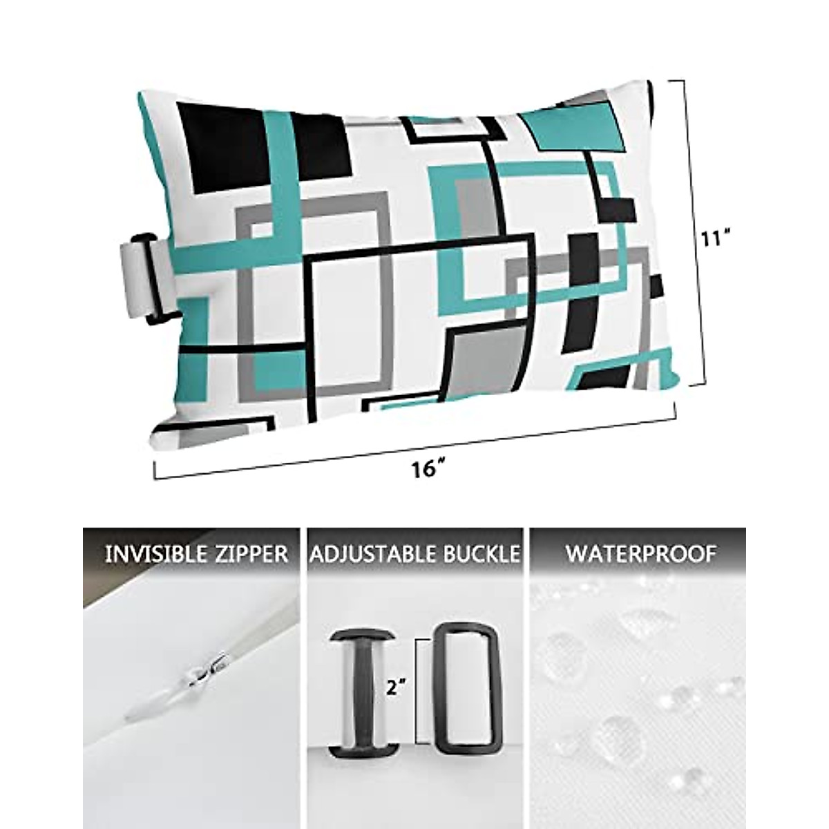 Recliner Head Pillow Ledge Loungers Chair Pillows with Insert Retro Middle Ages Abstract Geometry Teal Black Square Lumbar Pillow with Adjustable Strap Patio Garden Cushion for Bench Couch, 2 PCS