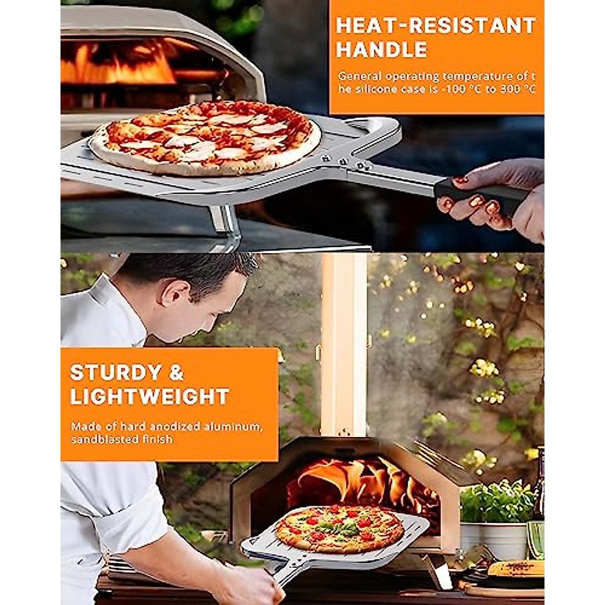 Perforated Pizza Peel 12-inch, Hard Anodized Aluminum Metal Pizza Spatula Paddle (12'' x 13.7''), Pizza Turning Peel, with Long and Heat Resistant Silicone Handle, Pizza Oven Accessories