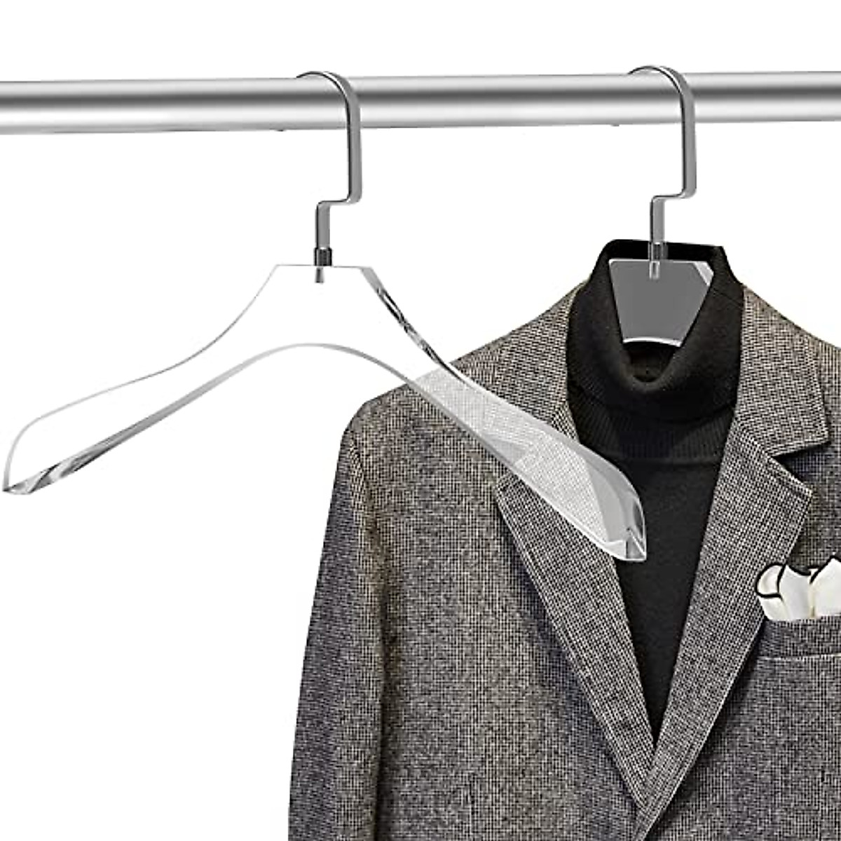 Quality Clear Lucite Acrylic Heavy Duty Coat Suit Hangers – 2 Pack, Curved Stylish Clothes Hanger with Wide Matte Silver Hooks - Coat Hanger for Dress, Suit - Closet Organizer Adult Hangers