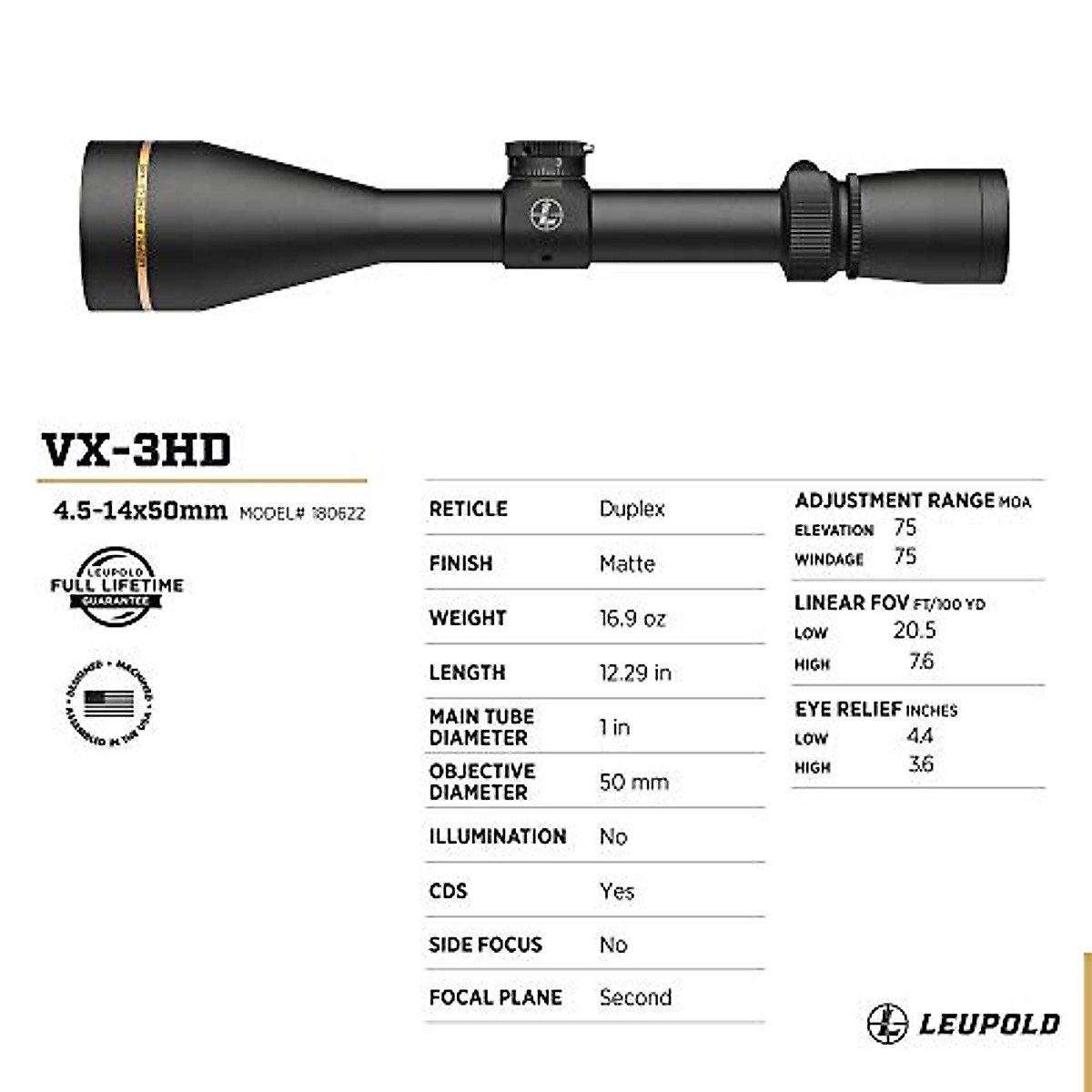 Leupold VX-3HD 4.5-14x50 (1 inch) CDS-ZL Duplex Reticle Riflescope