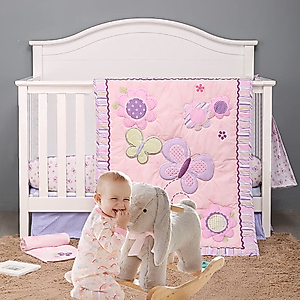 Brandream Crib Bedding Sets for Girls with Purple Butterfly | Baby Comforter, Fitted Sheet, Dust Ruffle and Diaper Stacker, Ambroidered Floral Animal Pink, 4 Pieces