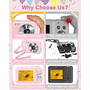 Digital Camera, FHD 1080P Kids Camera with Neck Lanyard 32GB Card Battery, Anti-Shake 16X Digital Zoom, 44MP Point Shoot Cameras, Compact Portable Small Gift Camera for Kid Teen Student Girl Boy(Pink)
