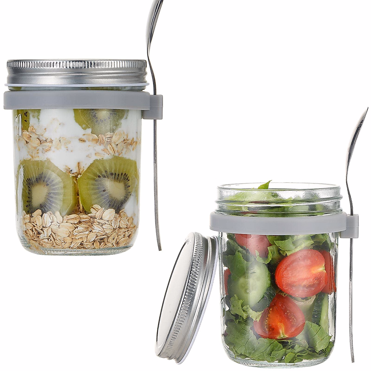 Overnight Oats Containers with Lid and Spoon, 12 oz Glass Oatmeal Container Jars Set of 2, Portable Cups with Wide Mouth Lid, Reusable Leak-Proof On The Go Cups for Cereal Yogurt and Parfait (Silver)