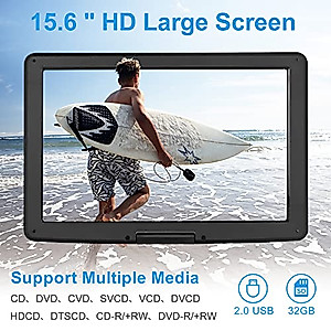 𝒀𝑶𝑶𝑯𝑶𝑶 17.9" Portable DVD Players with Large Screen, 15.6" Swivel Screen, 6 Hrs Battery DVD Player Portable with Car Charger and DC Adapter, Support USB/SD Card/Sync TV, Region Free, Black