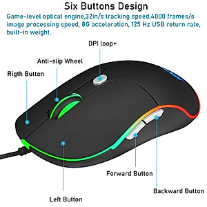 Wired Mouse, Mouse for Laptop with Easy Click for Office, Home, Gamer, 3200DPI, Programmable Buttons, USB LED Backlit Mice Wired Computer Mouse Compatible with Laptop, PC, Desktop, Black
