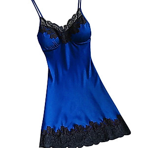 Aniywn Sleepwear Sexy Lingerie Nightgown Lace Chemise Satin Slip Silk Negligee Nightie Bridal Babydoll Slip Dress for Women Blue