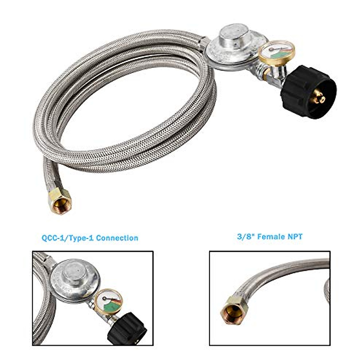 Artilife 5 FT (1.5M) Propane Regulator Hose Replacement with Propane Tank Gauge, Stainless Steel Braided Hose for Burner Stove, Gas Water Heater, Burner and More