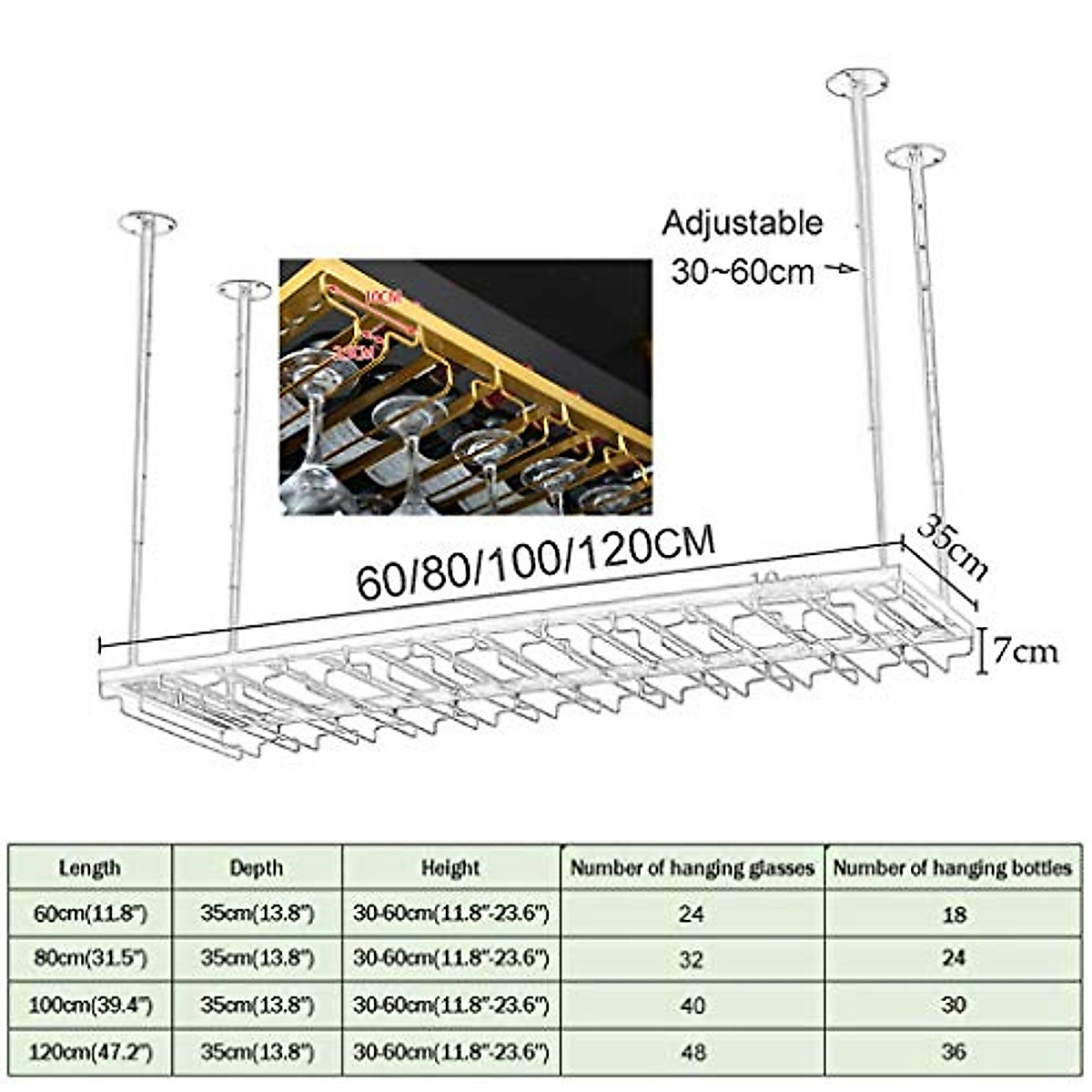 Ceiling Wine Glass Racks,Ceiling Hanging Wine Bottle Holder, Stemware Racks Metal Wine Goblet Rack Bar Dining Room Storage Display Wine Shelf (Color : White, Size : 60×35cm)