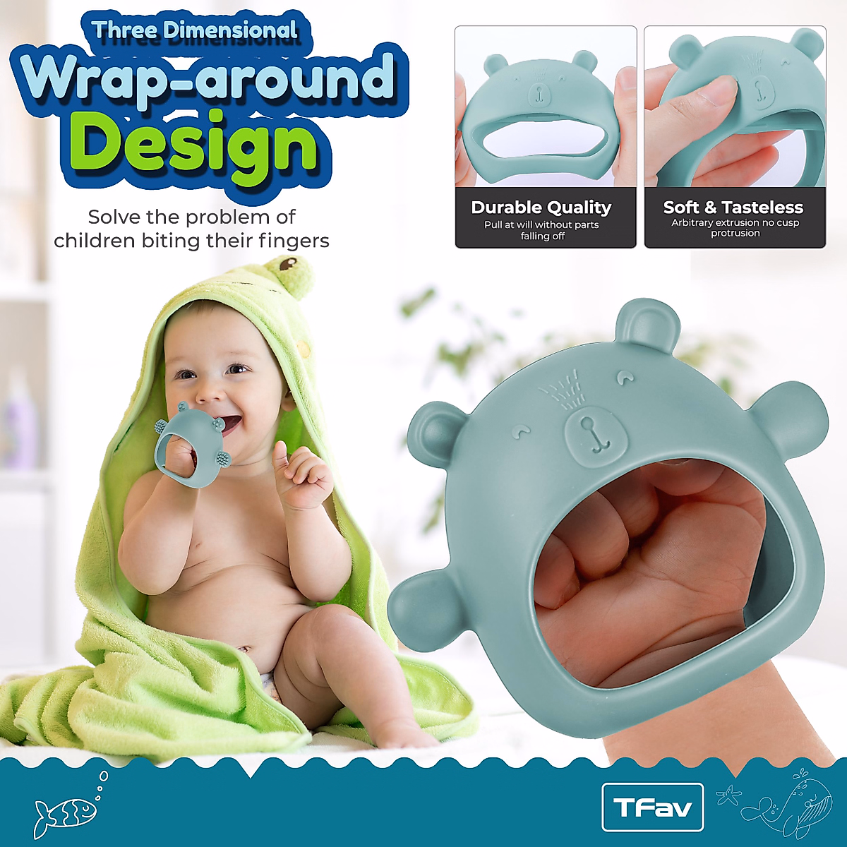 TFav Baby Bear Hand Teether -1 pc Blue -Silicone Teething mitt for 0-6 Months Boys & Girls -Hand Pacifier That Fits on Fist -Wearable Gloves Chew Toy -Calm Down The Fussy Baby Calm Down Fussy Baby