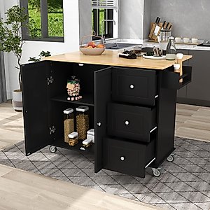 Favfurish 52.7" Rolling Mobile Kitchen Island Cart with Drop Leaf Wood Top, Adjustable Shelves Coffee Bar Trolley on Lockable Casters & Storage Cabinet & 3 Drawers for Dining Room, Black