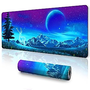 UJoowalk Gaming Mouse Pad, Large Mouse Pad, Keyboard and Mouse Pad, XL Mousepad, 31.5 x 11.8¡¯¡¯, Non-Slip Base Stitched Edge for Home Office Gaming Work, Galaxy Print Forest Moon Deer