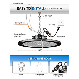 ELEKICO UFO Led High Bay Light, Upgrade Super Bright 350w 52500lm 5000k High Bay Led Shop Lights with Us Plug 5' Cable, Led Shop Lights for Garage Workshop Factory Barn Gym Warehouse 4 Pack