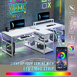 SEDETA 94.5" White Computer Desk, Two Person Gaming Desk with LED Light, Keyboard Tray, Power Strip with USB, Monitor Shelf & Storage, Extra Long Double Desk for Home Office, White.