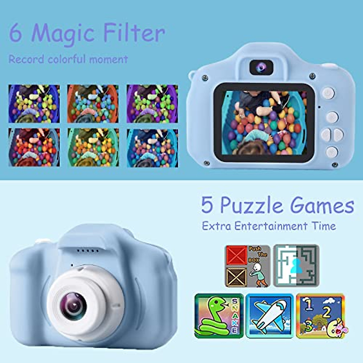 SVZIX Children's Digital Camera, Mini Dual Camera Rechargeable Children's Camera Gift, 3 to 9 Age Kids,8 Million high-Definition Video 2-inch Outdoor Game Screen (32GB Card/Blue)