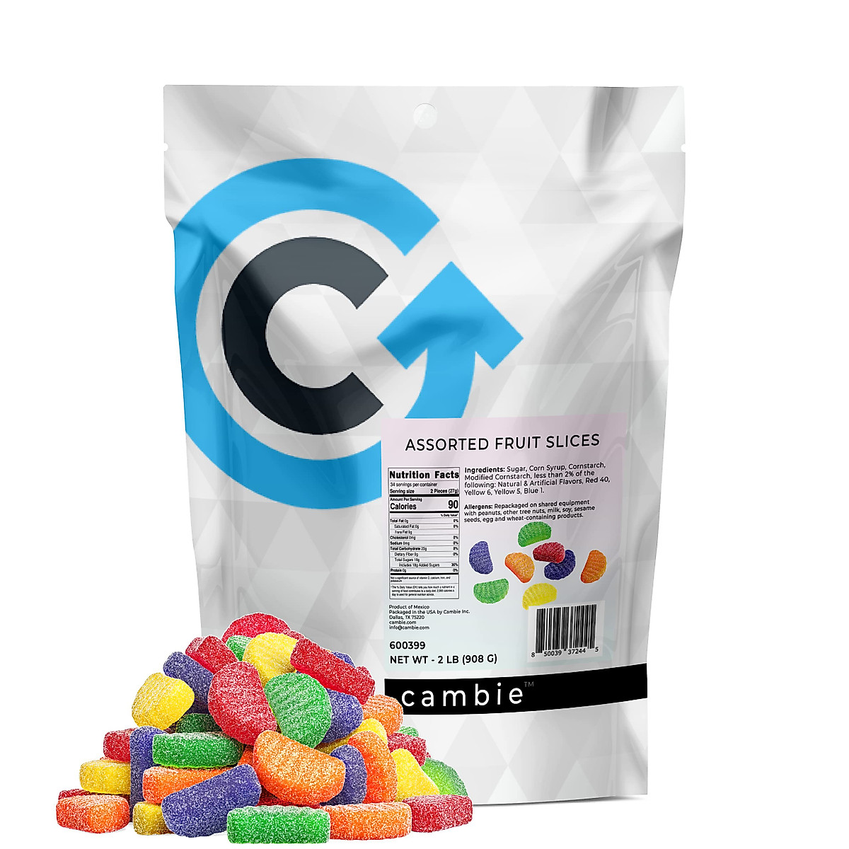 Assorted Fruit Slices Gummy Candy by Cambie | 2 lbs of Fruit Flavored Jellies | Bulk Assorted Fruit Slices Gummy Candy Packaged in a Resealable Pouch | 2 lb