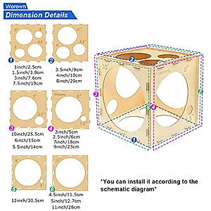 Worown 14 Holes Collapsible Wood Balloon Sizer Box, 1-10 Inch Balloon Sizer Cube, Balloon Size Measurement Tools for Balloon Arches, Balloon Columns, Balloon Decorations