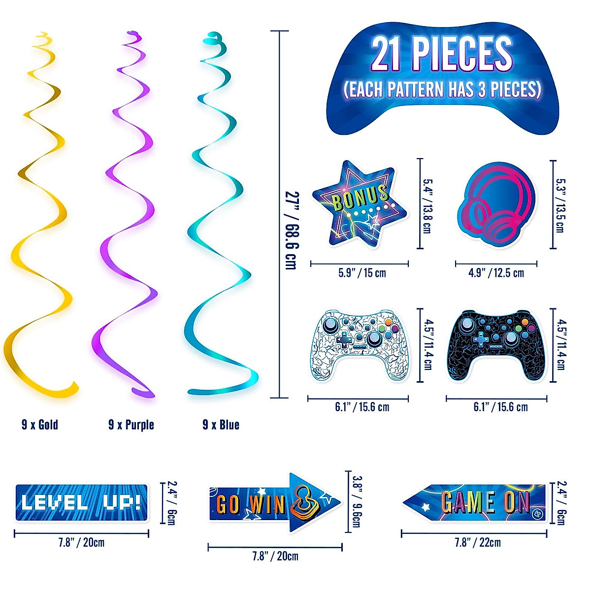 WERNNSAI Video Game Hanging Swirls - 21 PCS Video Game Party Decorations for Kids Boys Gamer Birthday Party Ceiling Window Door Decors Hanging Whirls Streamers for Gaming Night Party Supplies