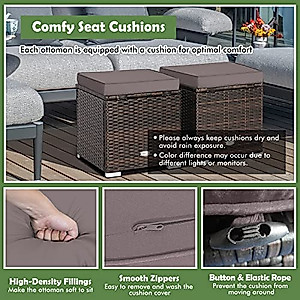 HAPPYGRILL 2 Piece Patio Ottoman Set Outdoor Wicker Stool with Storage, Rattan Footrest Ottoman with Solid Metal Frame and Cushion for Backyard Poolside Garden Balcony