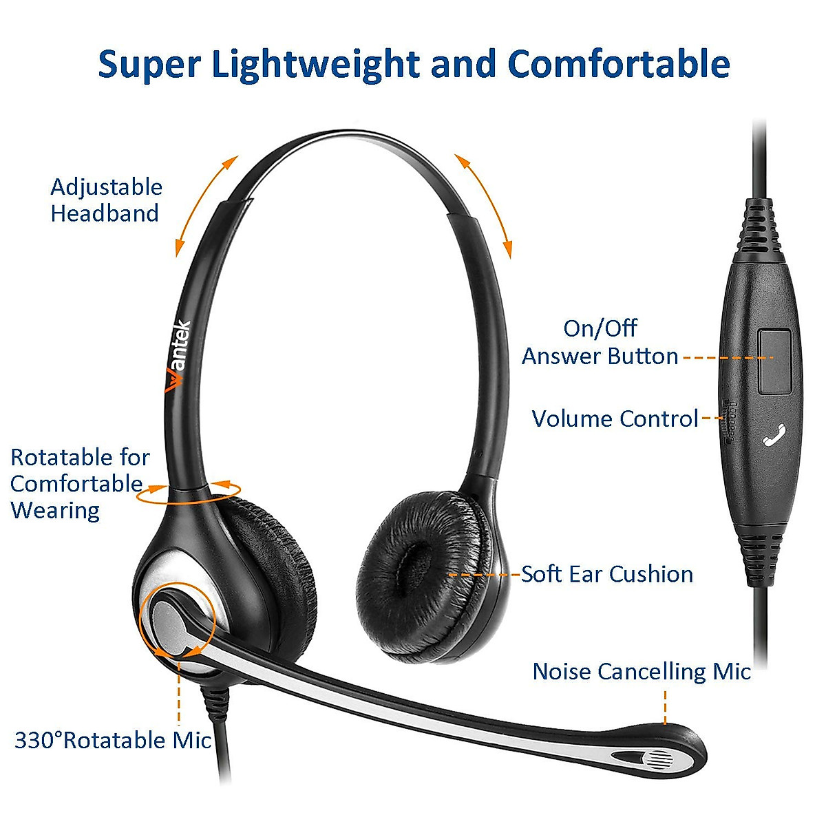 Cell Phone Headset with Microphone Noise Cancelling & Call Controls, 3.5mm Computer Headphones for iPhone Samsung PC Business Skype Softphone Call Center Office, Clear Chat, Ultra Comfort