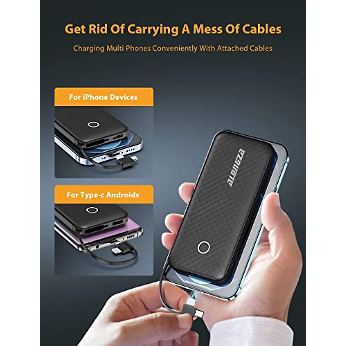 Portable Phone Charger Power Bank 10000mAh, Alongza Portable Charger Built in Cable USB Battery Pack, Slim External Backup Battery Charger with Cable, Travel Charger Compatible with iPhone and Android